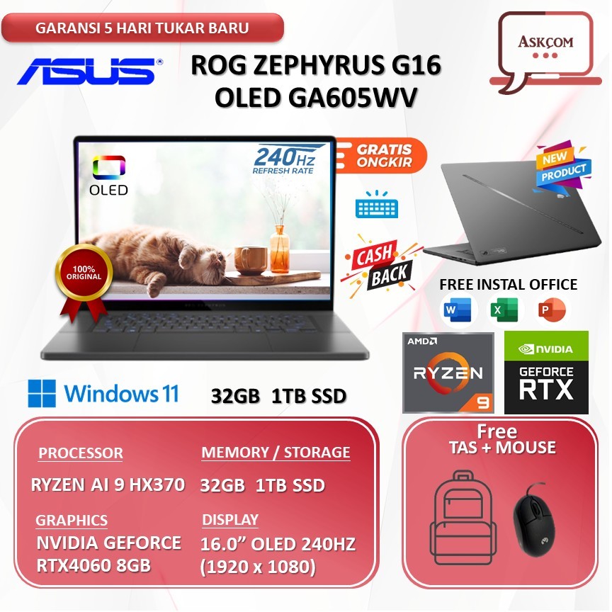 Jual Asus Rog ZEPHYRUS G16 Oled GA605WV RYZEN AI 9 HX370 RTX4060 8GB ...