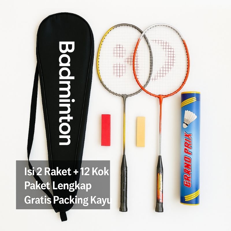 Jual Paket 2 Raket Badminton + Tas + Grip + 12 Kok | Free Packing Kayu ...