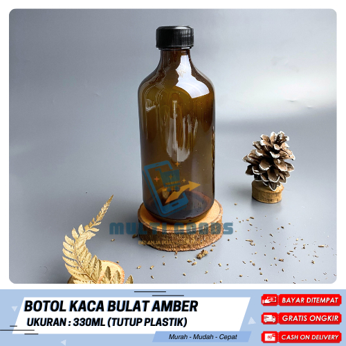 Jual Botol Kaca Bulat Amber 330ml Botol Kaca Amber Bulat Tutup Plastik ...
