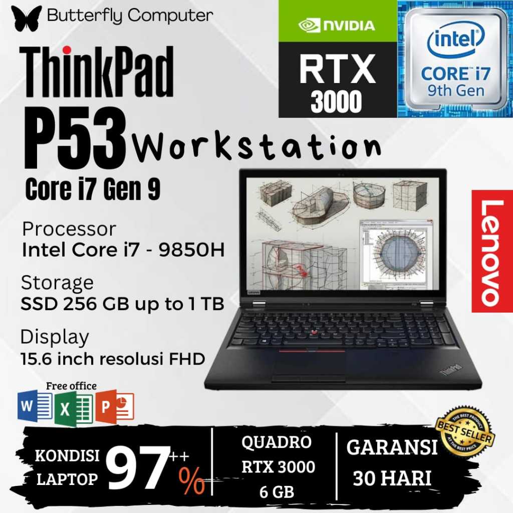 Jual Laptop Lenovo P53 WorkStation Core i7 Gen 9 - RAM 64GB SSD 1TB - NVIDIA RTX 3000 6GB - FHD ...