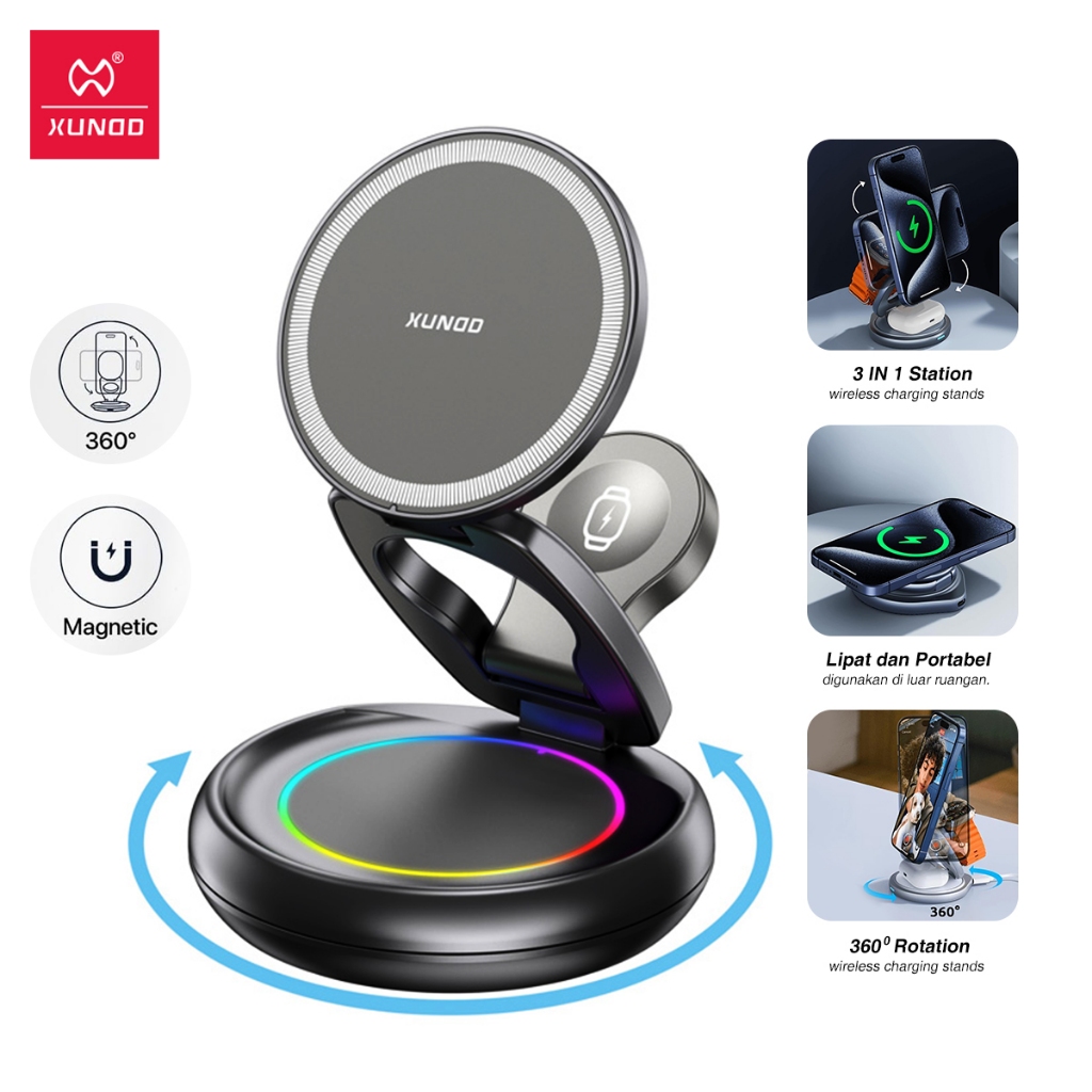 Jual XUNDD 3 IN 1 Magnetic Wireless Charger Travel Stand Dock 360 ...