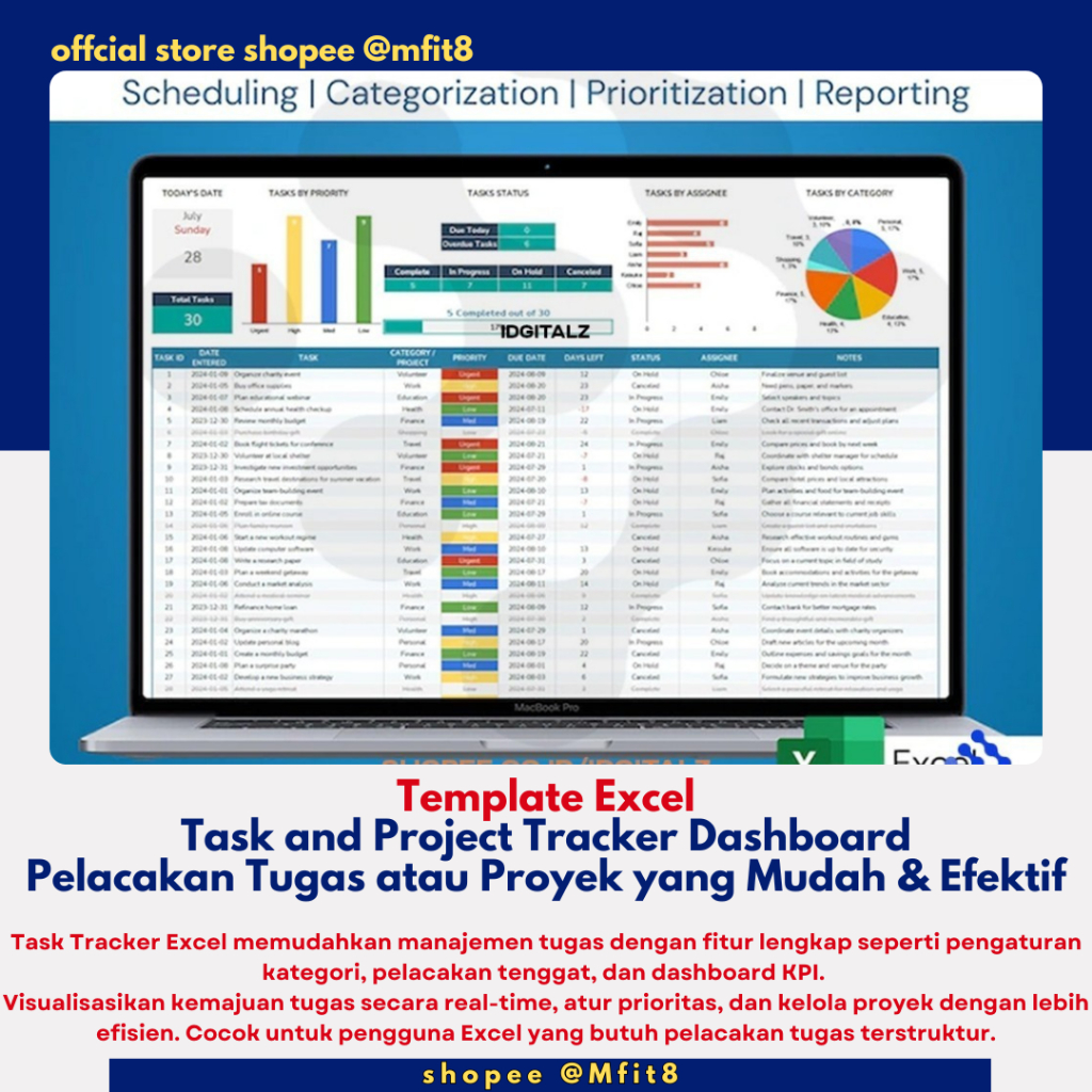 Jual [T0128] Task and Project Tracker Dashboard Template Excel ...