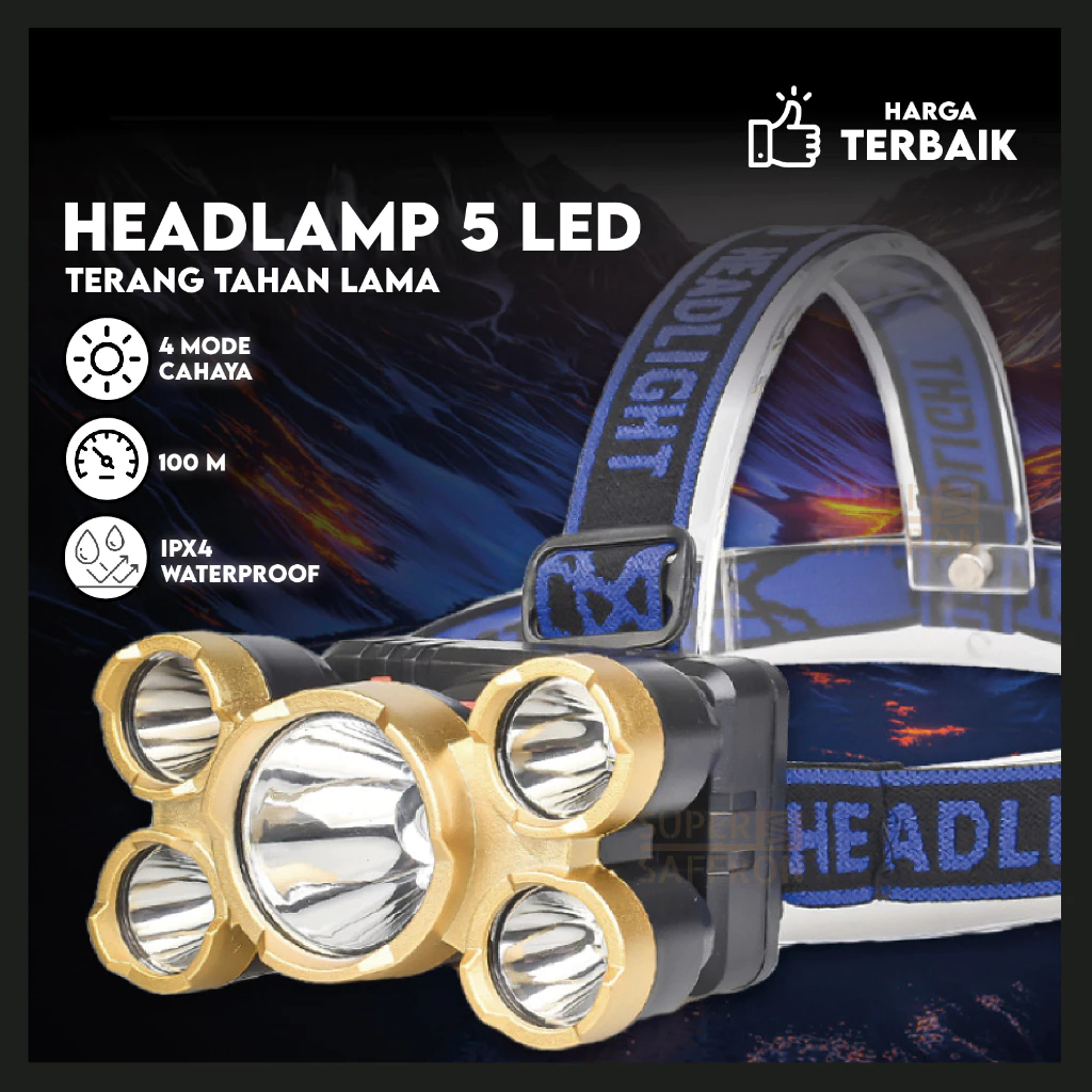 Jual Senter LED Super Terang 5 Lampu IPX4 200 Meter 4 Mode Cahaya ...