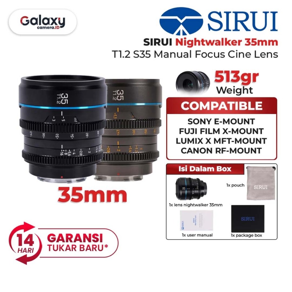 Jual Lensa SIRUI Nightwalker 35mm T1.2 S35 Manual Focus Cine Lens Resmi ...