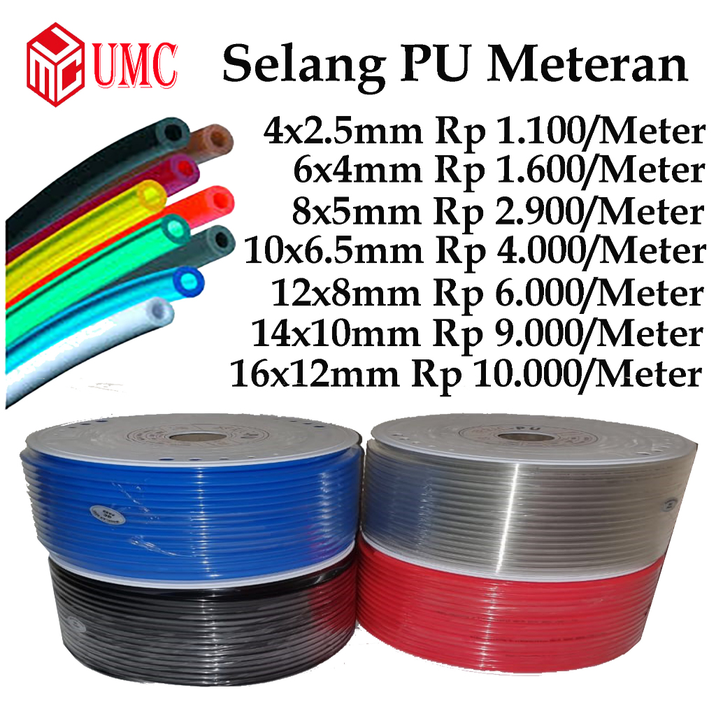 Jual UMC Selang Hose Pu (PollyUrethane) Ukuran OD 4mm 6mm 8mm 10mm 12mm 14mm 16mm Harga Permeter ...
