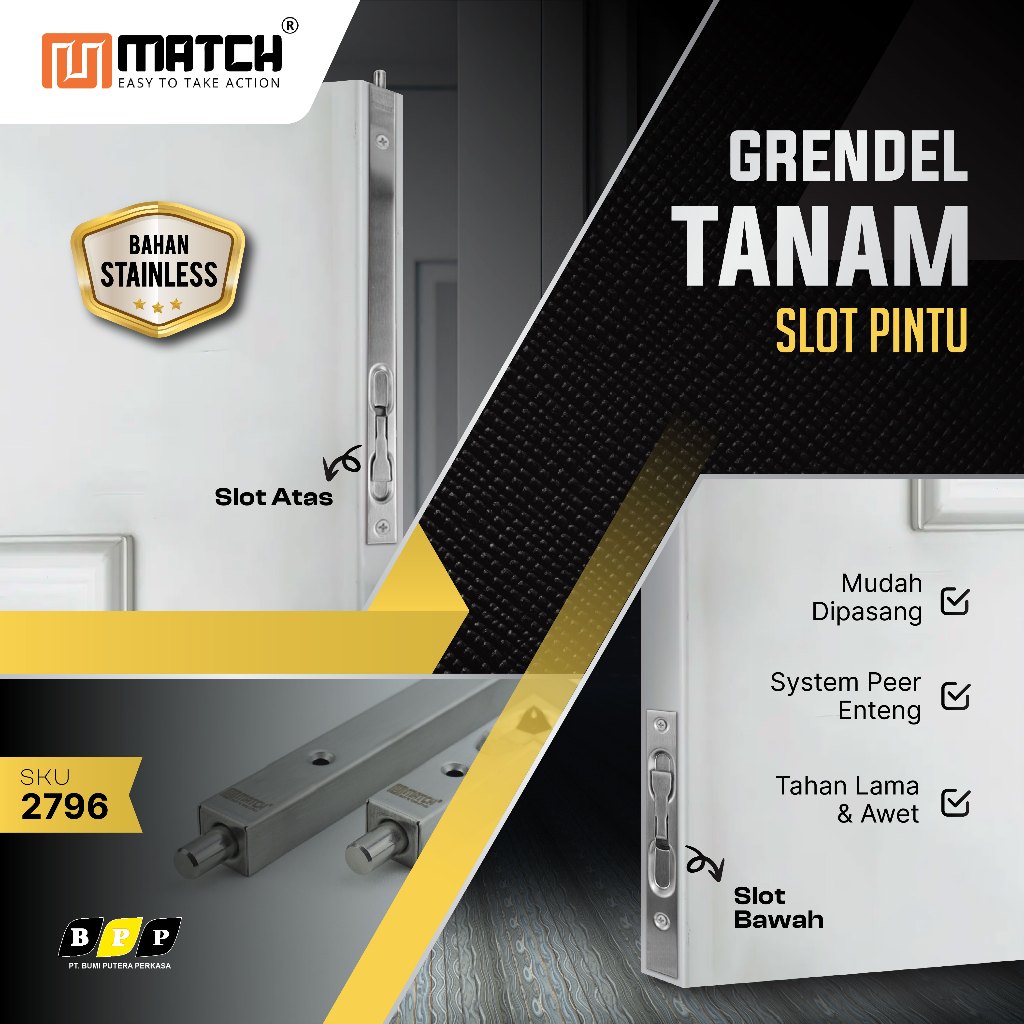 Jual MATCH Slot Pintu Grendel Tanam 6 + 12 inch Stainless | Slot Kunci ...