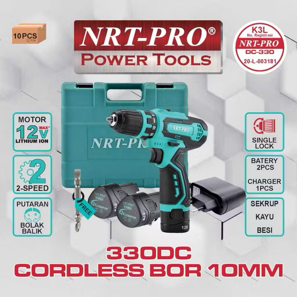 Jual NRT Pro Bor Portable Baterai Cordless Drill 330 DC 10mm 12V Power ...