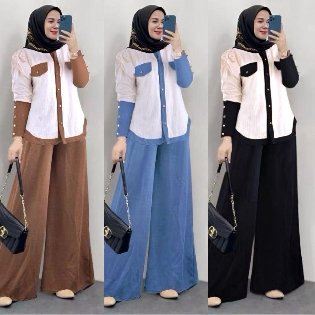 Jual SALMA SET POLOS TANGAN BALON CELANA KULOT CRINKLE AIRFLOW LD 110 // ONE SET WANITA ...