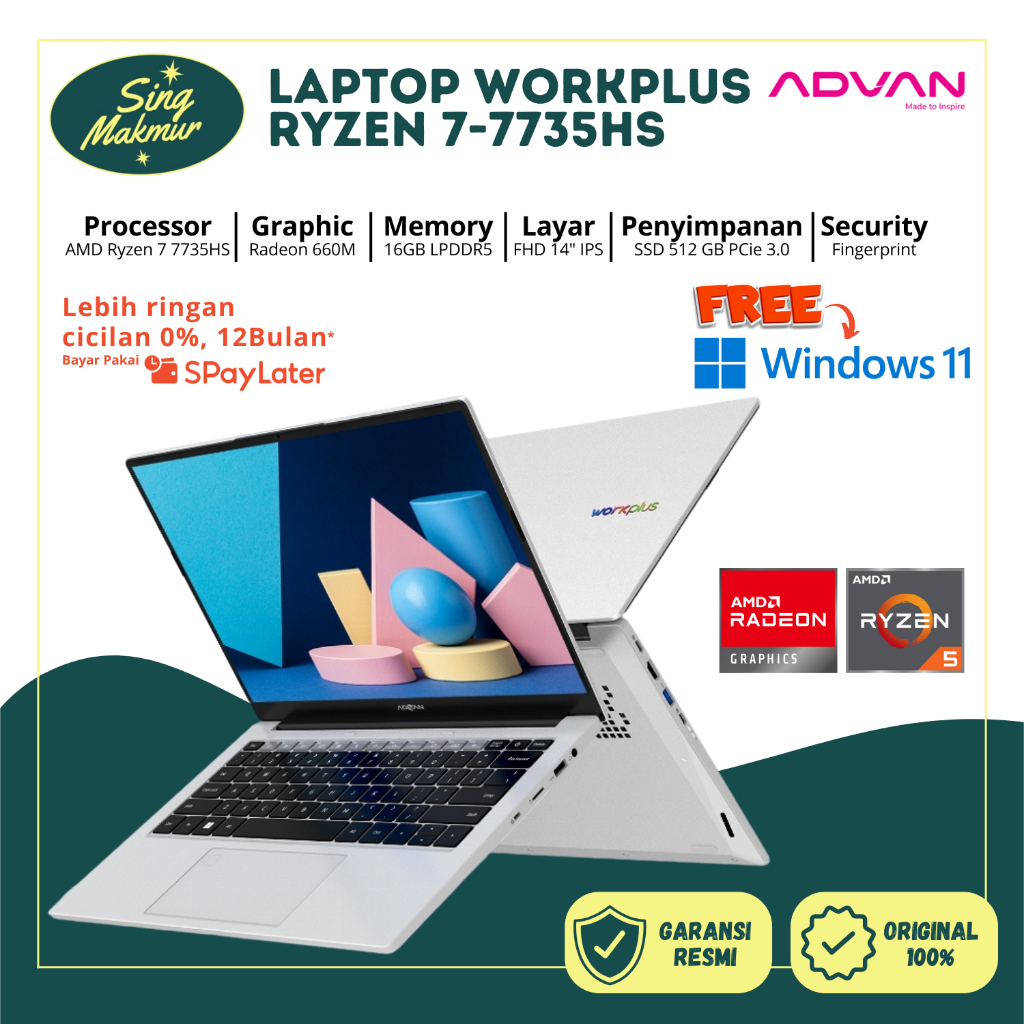 Jual ADVAN Laptop WorkPlus R5-6600H / R7-7735HS 16GB/512GB AMD Grapich ...