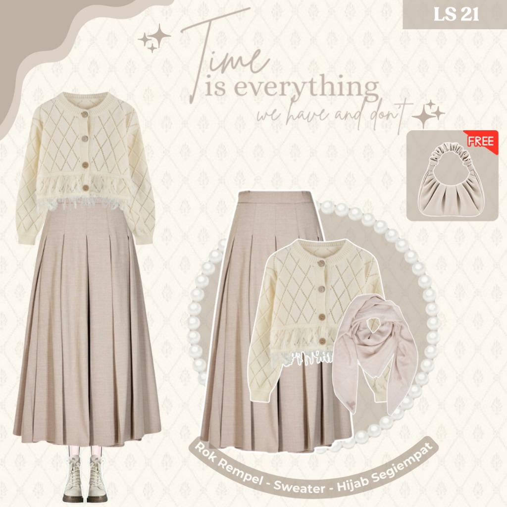 Jual 4in1 OOTD Hijab Casual (Cardigan Rawis Rajut, Rok Rempel Linen,Tas ...