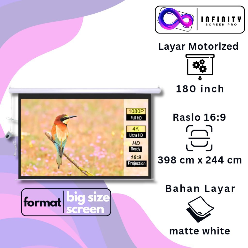 Jual Layar Proyektor Motorized 180 Inch Rasio 16:9 (398 cm x 244 cm ...