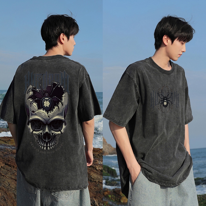 Jual PUERTO Washed Kaos Pria American retro Skull Baju Oversize Pria ...