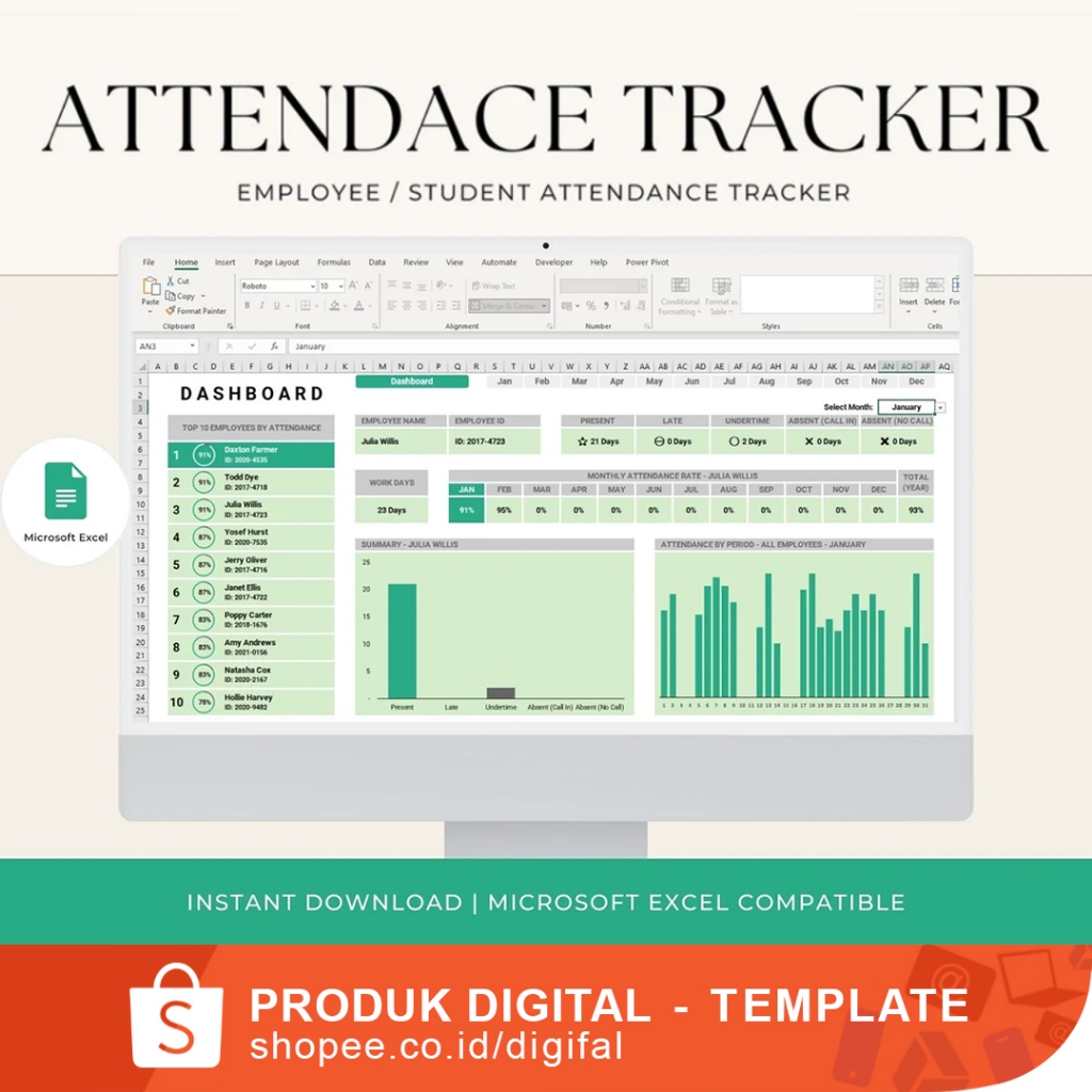 Jual GoogIe Sheets Attendance Tracker, Absent Tracker, Employee ...