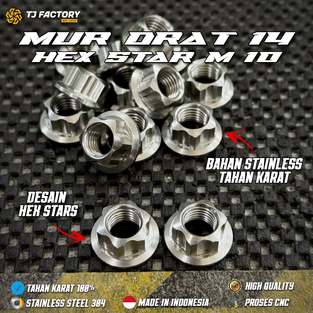 Jual Mur Drat 14 Stainless CNC Mur M10 tipe HEX STARS by TJ Factory ...