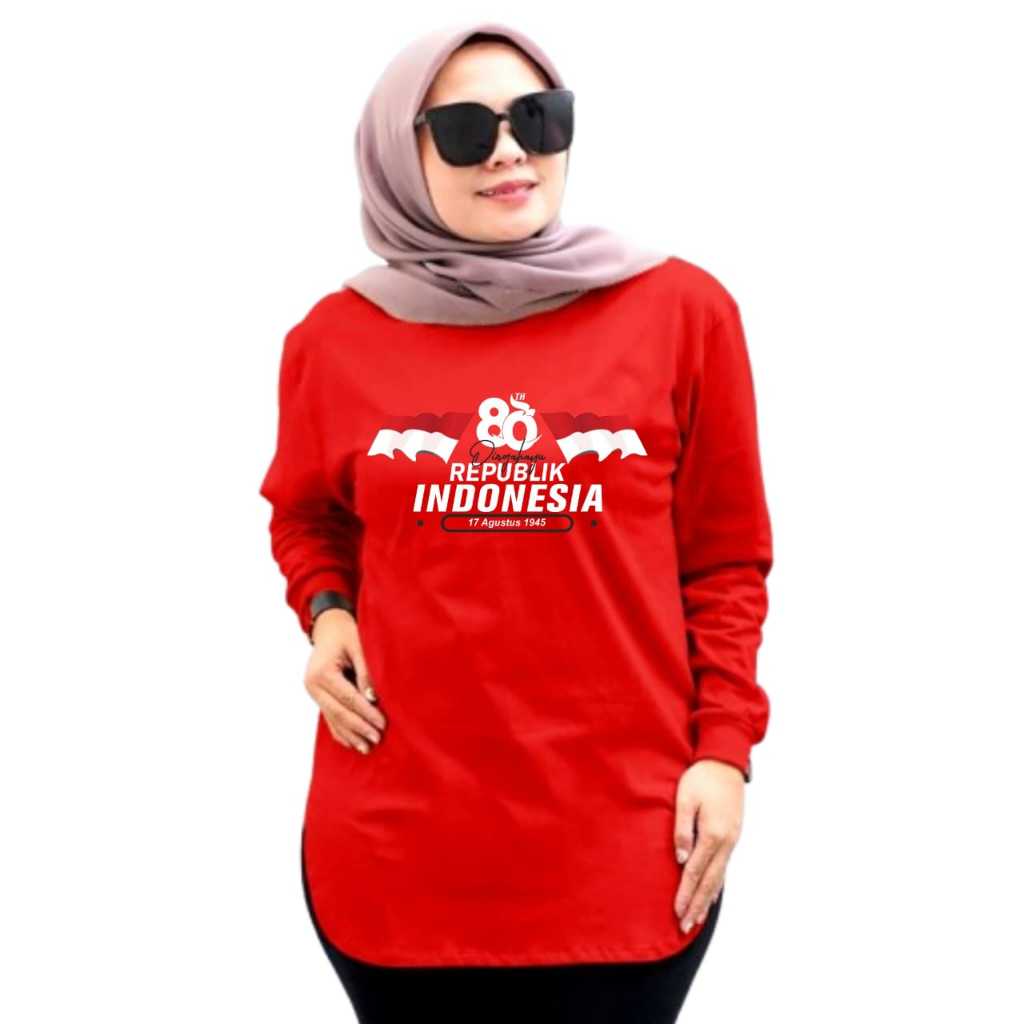 Jual Kaos Wanita Model Oval Gambar Kemerdekaan Hut RI 80 TH 2025 Lengan Panjang Gambar Prin DTF ...