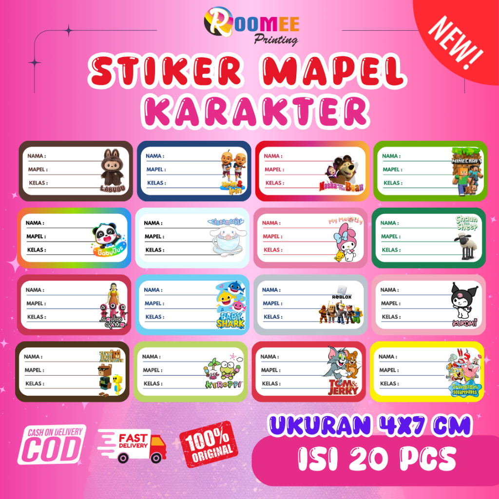 Jual (20 PCS) STIKER MAPEL MODEL KARAKTER LUCU / STIKER NAMA BUKU ...