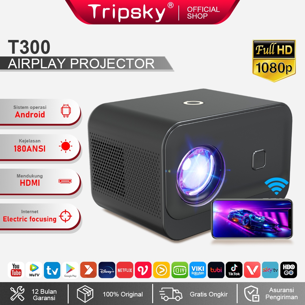 Jual Tripsky Proyektor AirplayT300 Projector 5500 Lumens Support HP Mirroring Home Theater ...