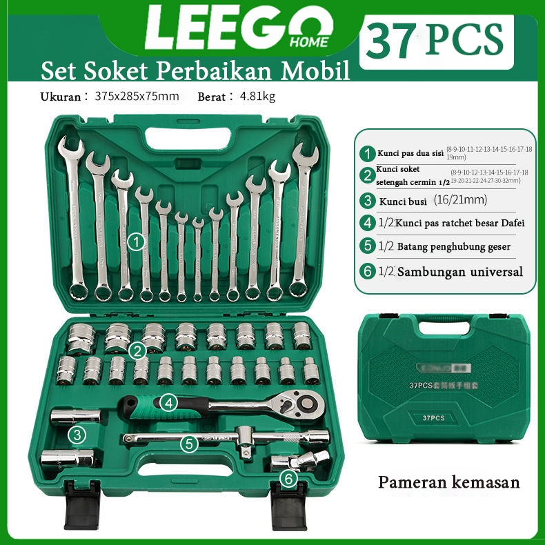 Jual Tool Kit Set Alat Kunci Sok Set 37Pcs Ratchet Wrench Tool Kit Box Power Tool Mobil Motor ...