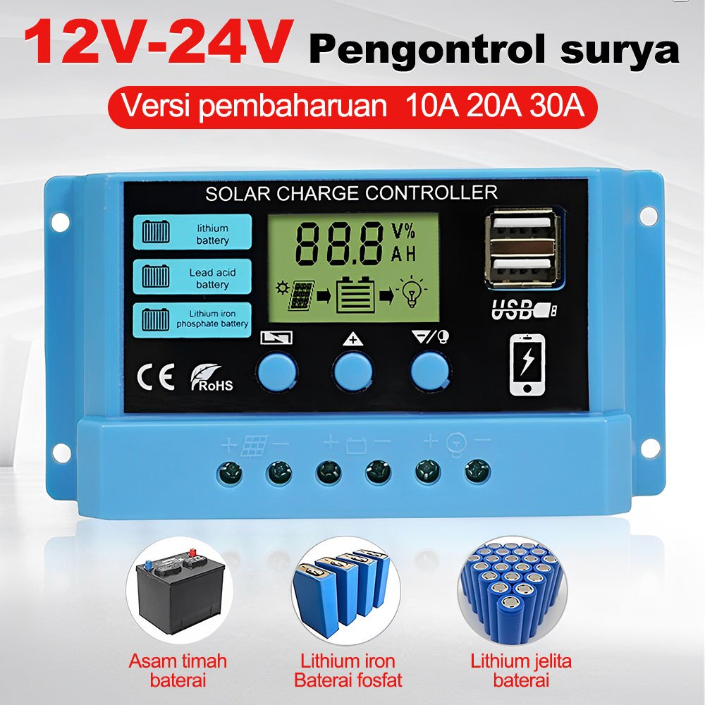 Jual Solar Charge Controller LCD LED Display Solar PWM 12V/24V 10A 20A 30A USB Panel Surya ...