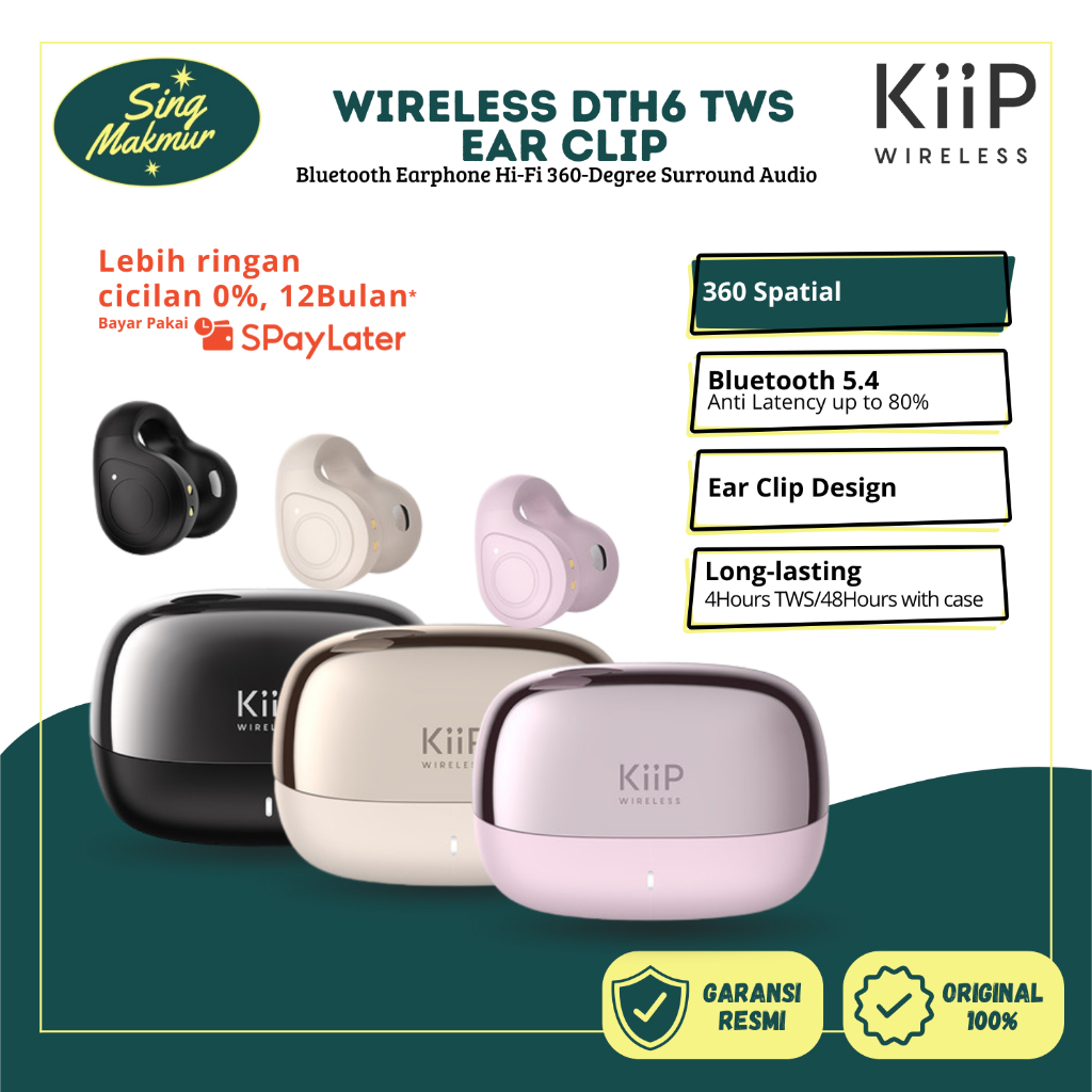 Jual KIIP WIRELESS DTH6 TWS EAR CLIP BLUETOOTH EARPHONE HI-FI 360-DEGREE SURROUND AUDIO | Shopee ...
