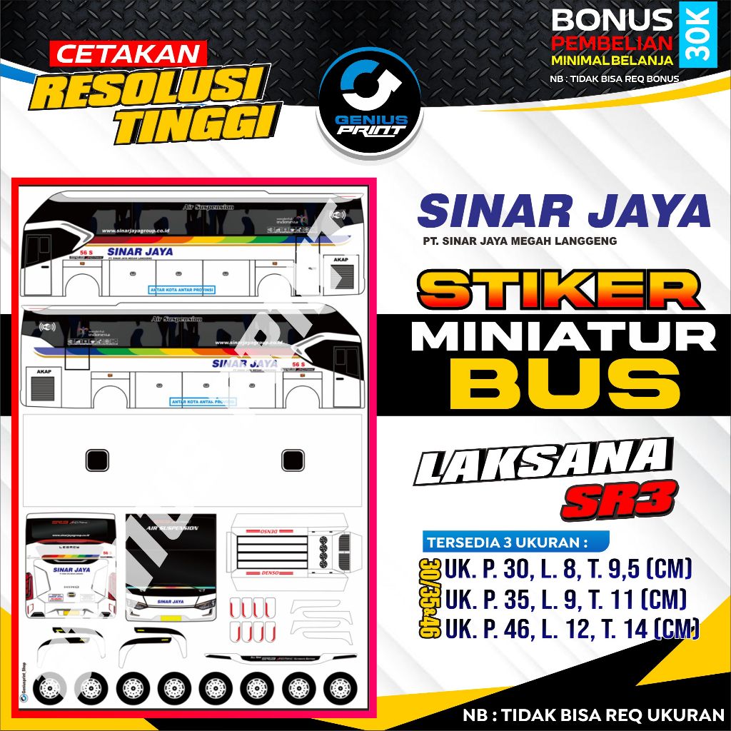 Jual Stiker Mainan Miniatur Bus [ SR3 Laksana ] Livery Sinar Jaya ...