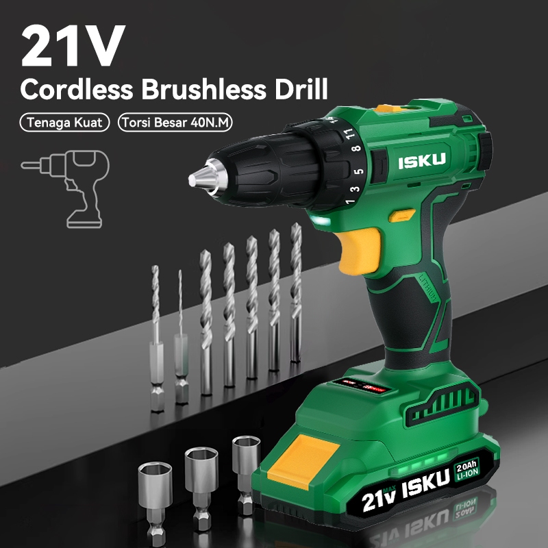 Jual ISKU Motor Tanpa Sikat Bor Listrik 21V Bor Impact baterai Cordless ...