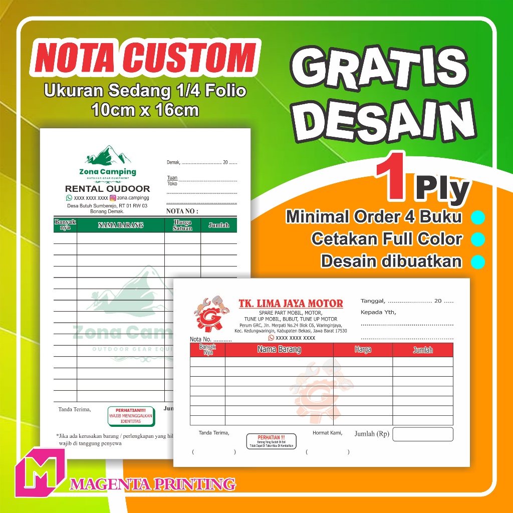 Jual Nota Custom Murah 1 ply ukuran 1/4 folio cetak nota full color ...