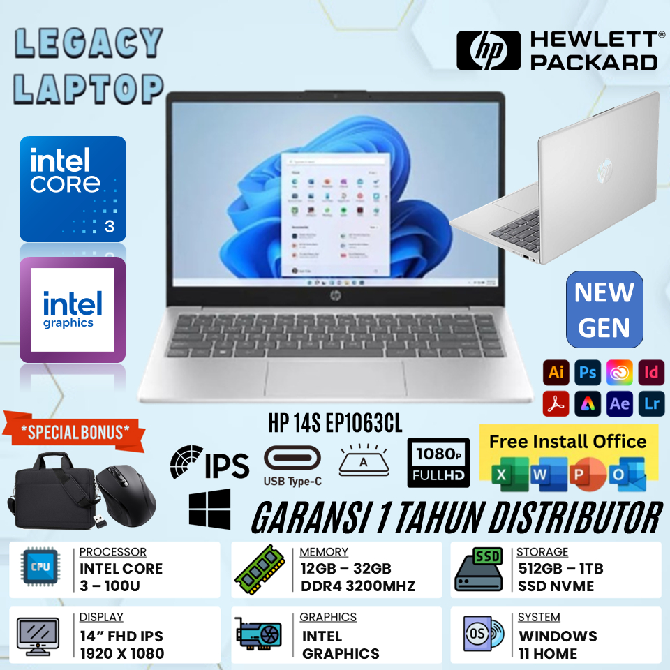 Jual Laptop Slim HP 14S EP1063CL Intel Core 3 100U Ram 32GB 1TB SSD 14 ...