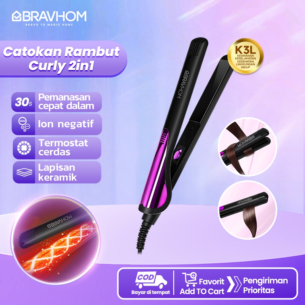 Jual BRAVHOM Catokan Rambut 2 in 1 Lurus dan Curly Panas Cepat 30s ...