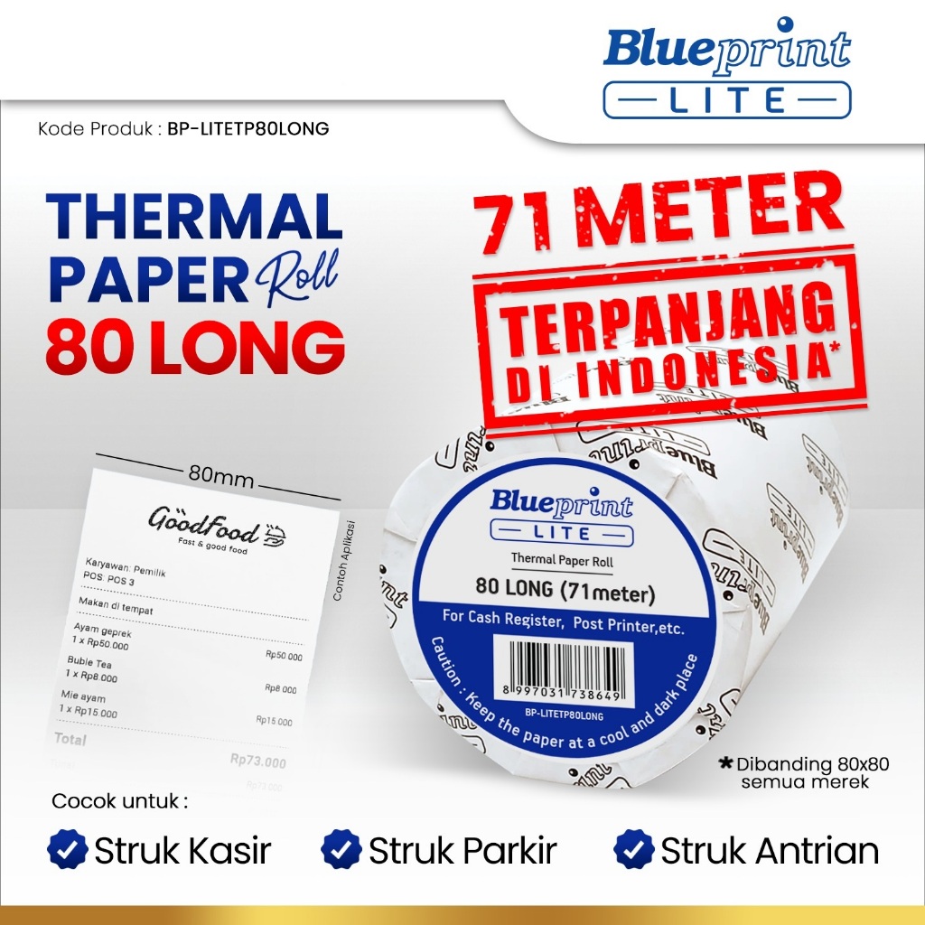 Jual Blueprint Lite Paper Thermal 80mm LONG Kertas Struk 80x80 Nota ...