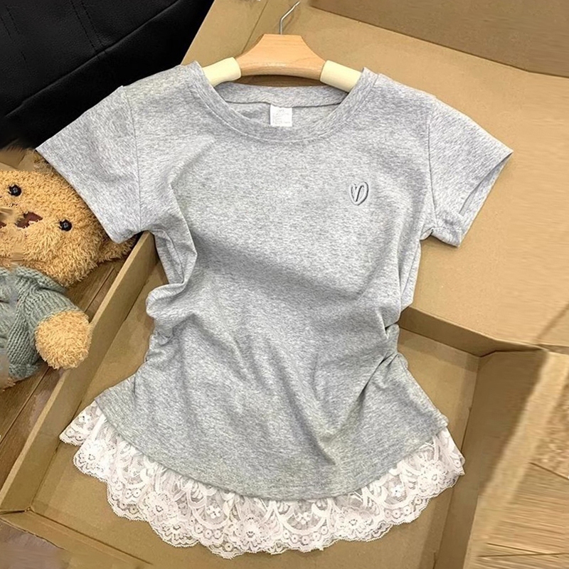 Jual T-shirt ramping lengan pendek leher bulat renda abu-abu | Shopee ...