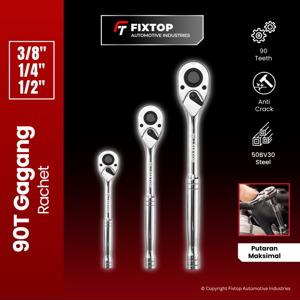 Jual FIXTOP Gagang Kunci Sock 90T Rachet Handle 1/2" 1/4" 3/8" Inch ...