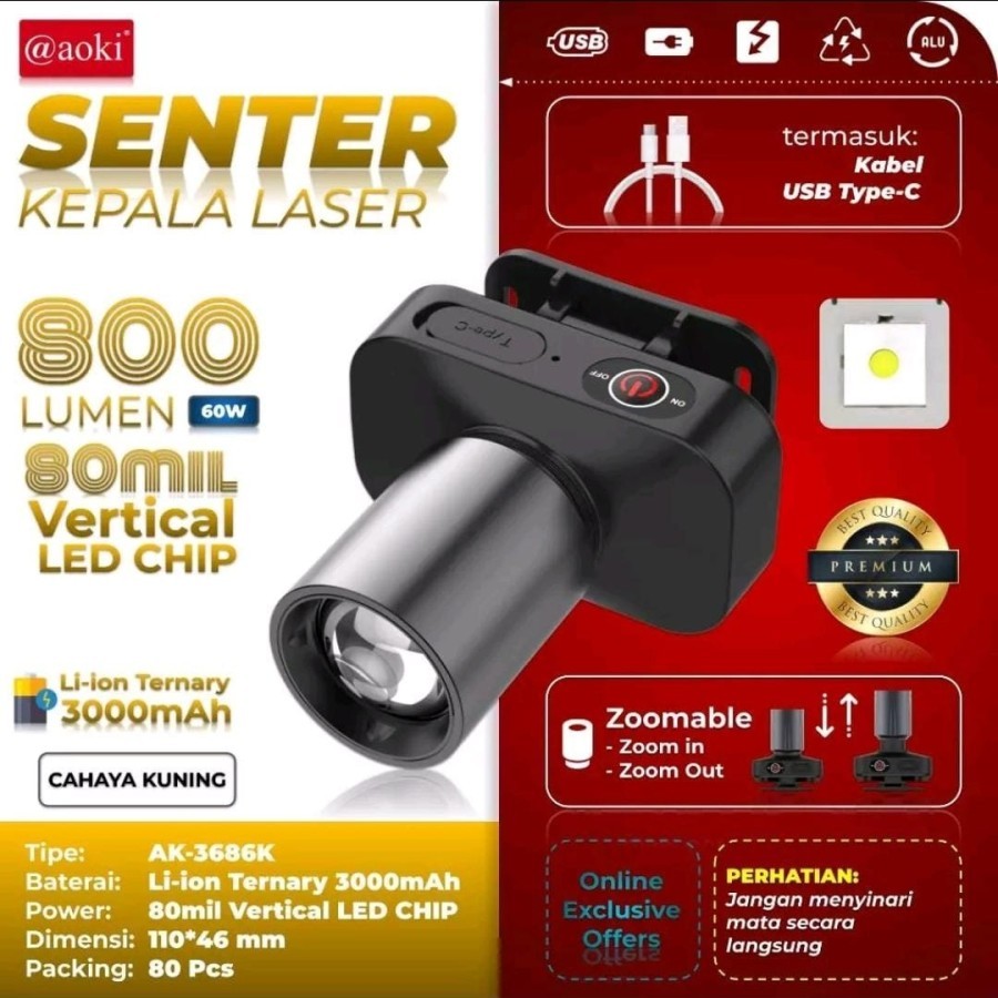 Jual Senter Kepala Zoom Aoki AK-3685A SUPER TERANG / Head Lamp Led 60 Watt Super Terang Senter ...