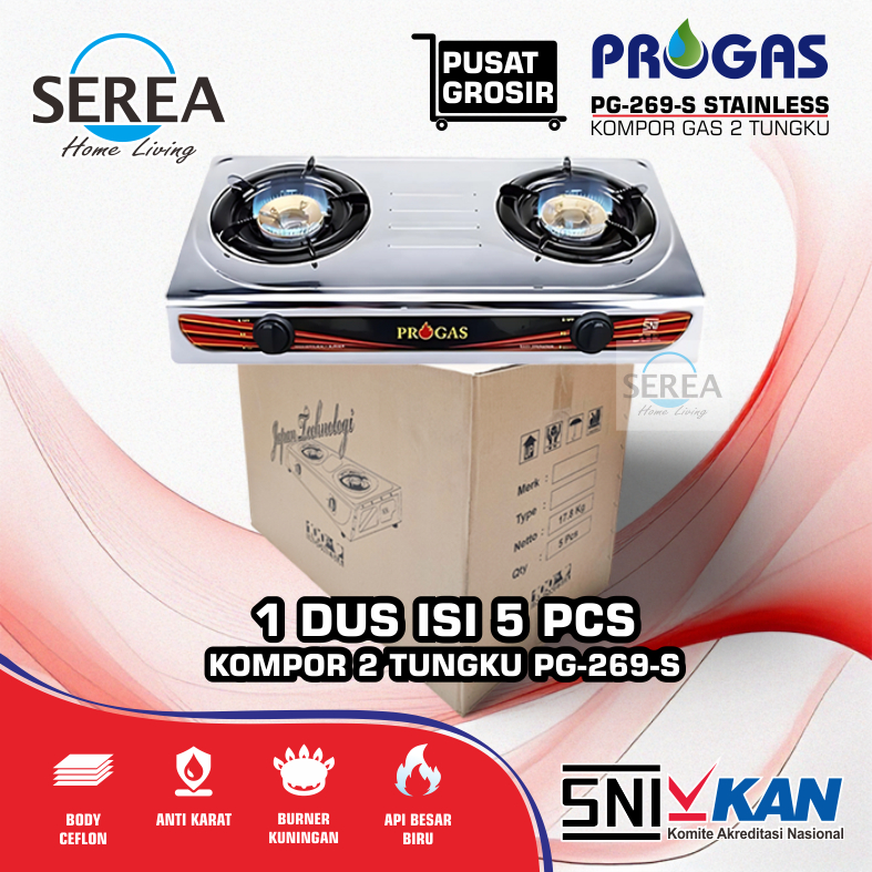 Jual PAKET 1 DUS Kompor Gas 2 Tungku Progas Stainless PG-269 Api Biru ...