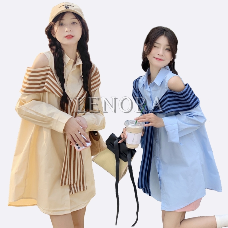 Jual Kemeja Korea Wanita Lengan Panjang Baju Off Shoulder Kemeja Garis ...