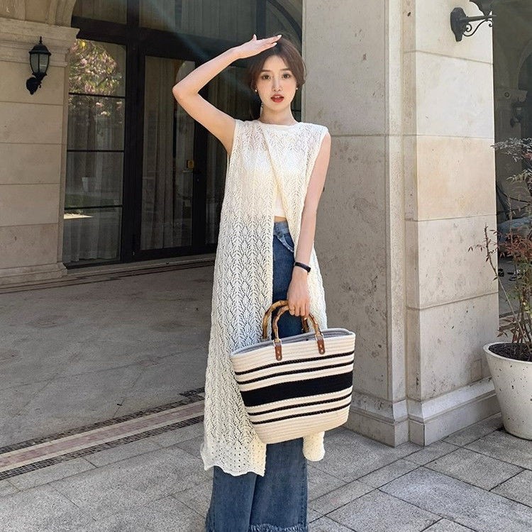 Jual Desain Gaun Rompi Rajutan Blus Dengan Rok Panjang Belahan Belakang ...