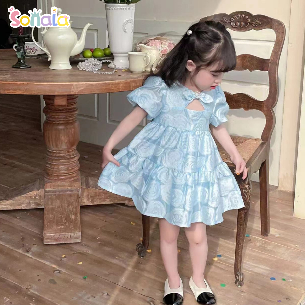 Jual Gaun Lengan Puff Anak Perempuan 2-7 Tahun Gaun Putri Biru Putih ...