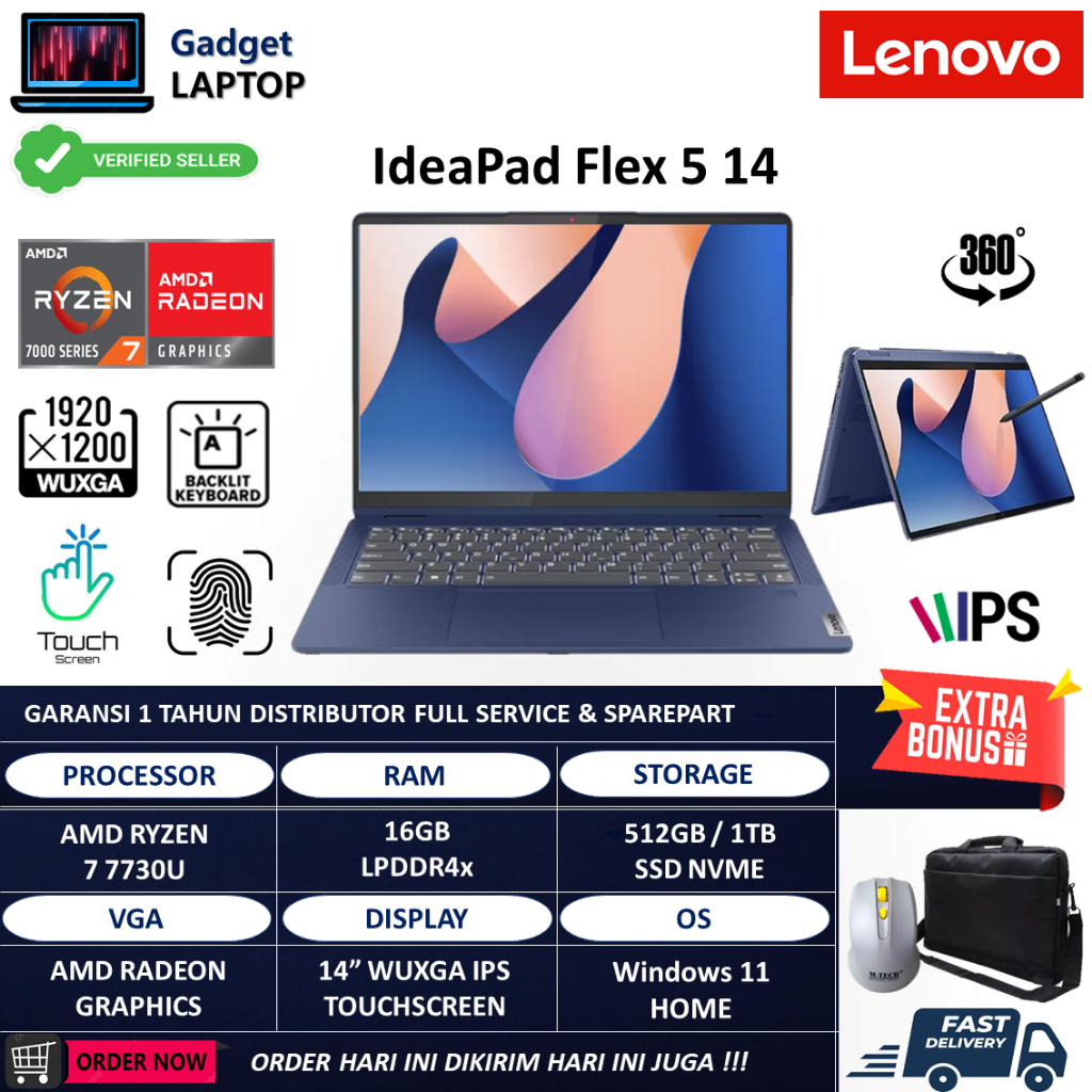 Jual Laptop Lenovo IdeaPad Flex 5 14ABR8 Amd Ryzen 7 7730U 16GB 1TB WUXGA IPS Touchscreen ...