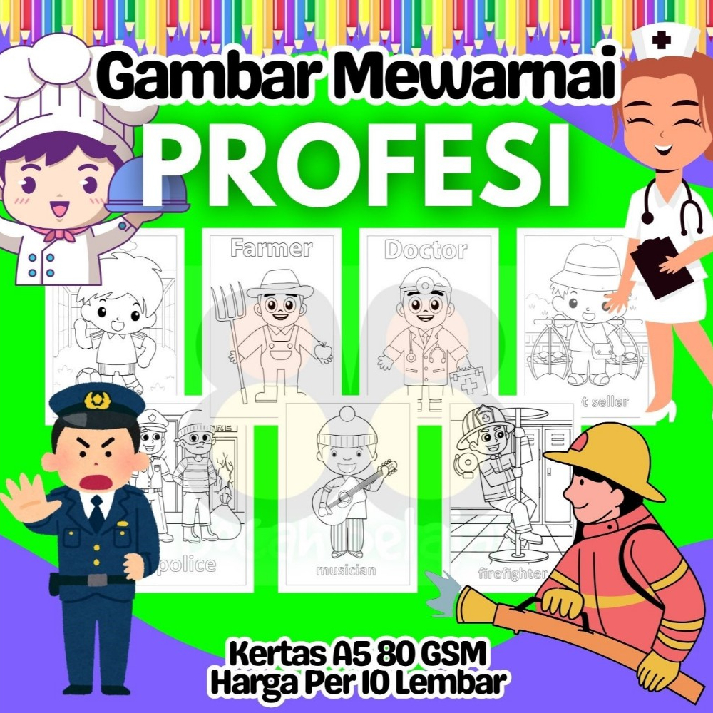 Jual 10 Lembar Kertas A5 Gambar Mewarnai Tema PROFESI PEKERJAAN JOB ...