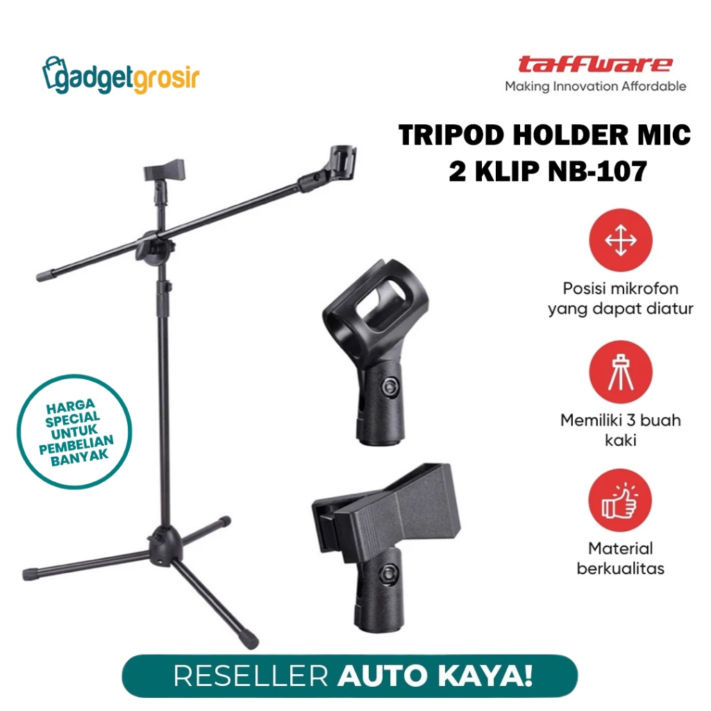 Jual TaffSTUDIO Microphone Stand Tripod Mic Holder Professional Adjustable 2 Klip Portable ...