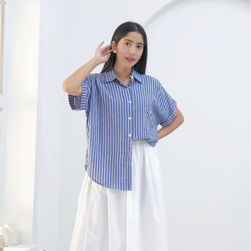 Jual kemeja salur moony blouse lengan pendek bahan katun mango terbaru baju oversize | Shopee ...