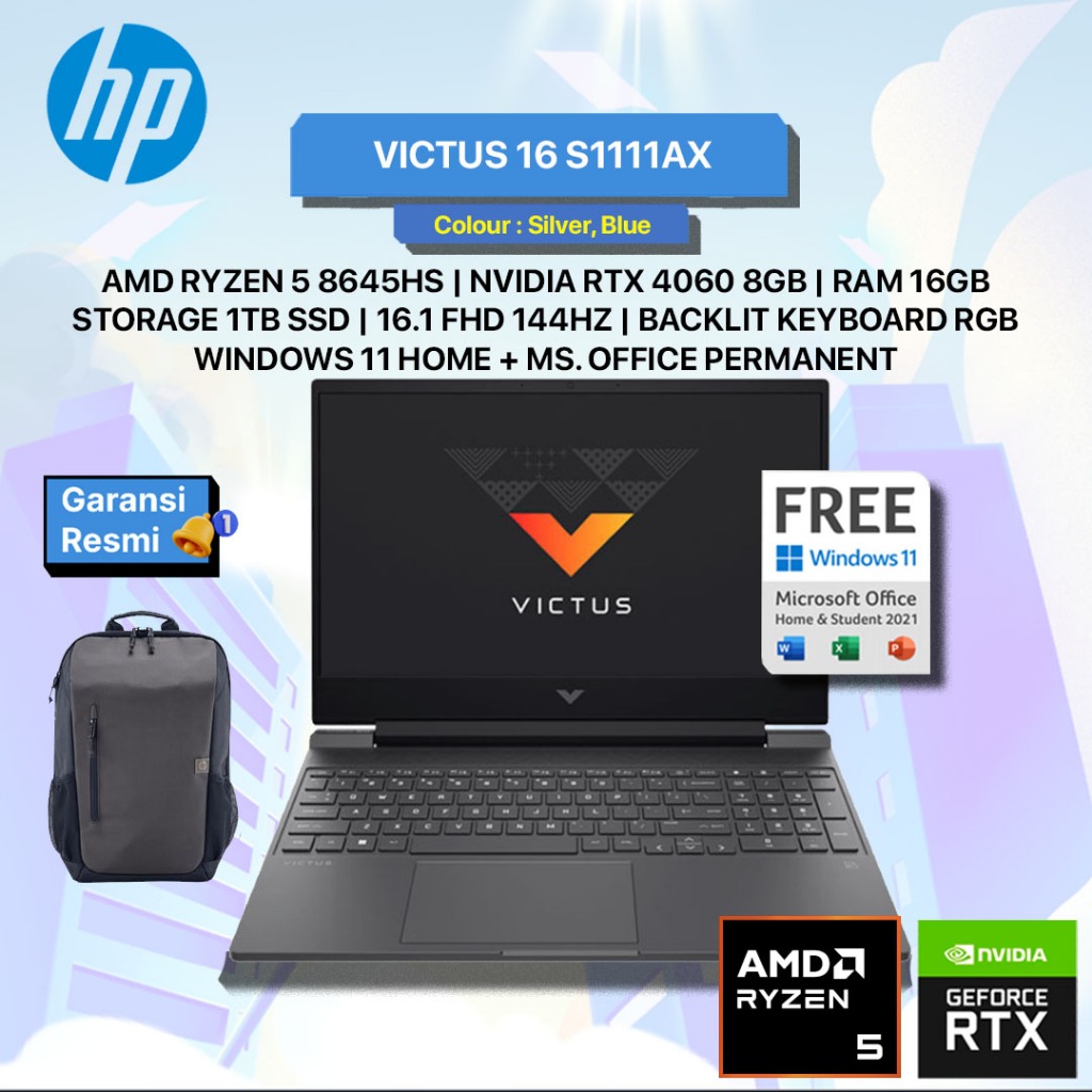 Jual LAPTOP HP VICTUS 16 S1111AX RYZEN 5 8645HS RTX 4060 8GB/ 16GB 1TB ...