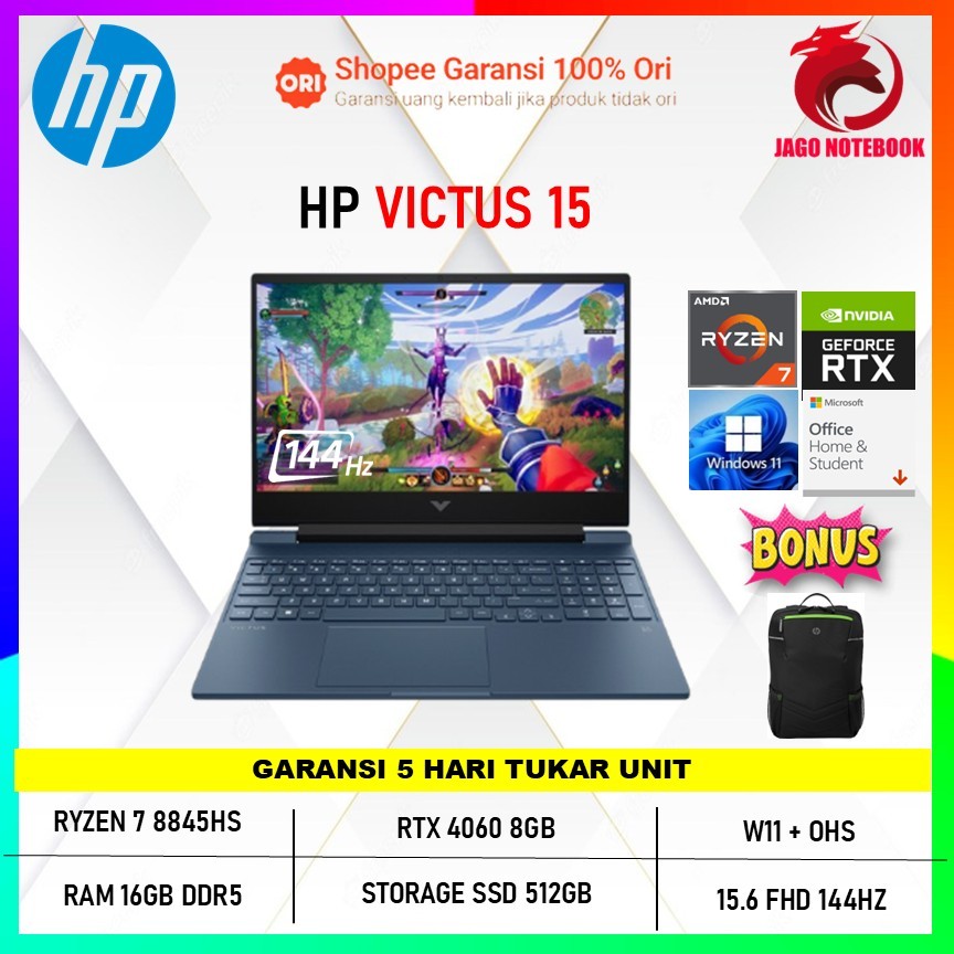 Jual HP VICTUS 15 RYZEN 7 8845HS RTX4060 8GB/ 16GB 512GB W11 OHS 15 ...