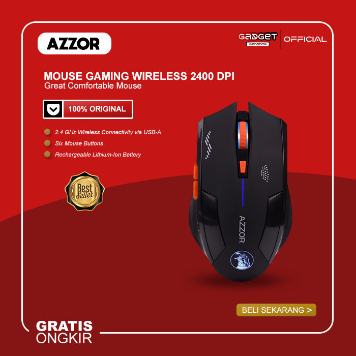 Jual Mouse Gaming Wireless Azzor Rechargeable USB 2400 DPI 2.4G | Shopee Indonesia