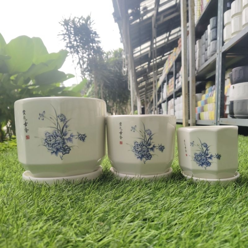 Jual Pot keramik pot tanaman hias pot model bulat motif bunga biru ...