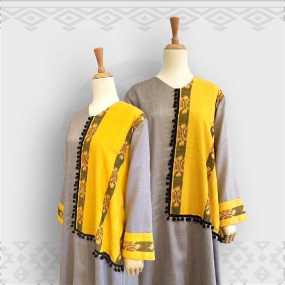 Jual Minea gamis tenun kombinasi linen Atiyah mustard | Shopee Indonesia