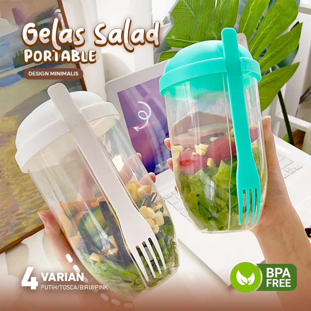Jual Botol Salad 1000ML dengan Sendok Garpu + Botol Saus Kecil Praktis ...