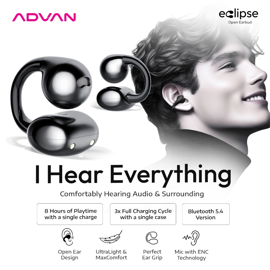 Jual [New Launch] ADVAN TWS Eclipse Ear Clip Bluetooth 5.4 Low Latency ...