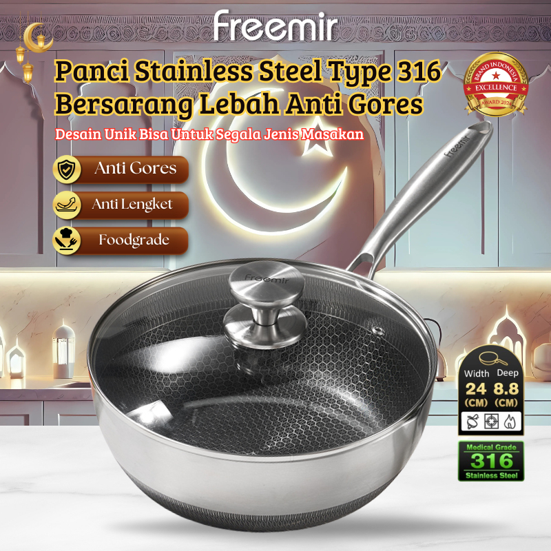 Jual Special freemir Panci stainless steel Tiga Lapis 316 dengan Tutup Kaca 24cm Anti Lengket ...