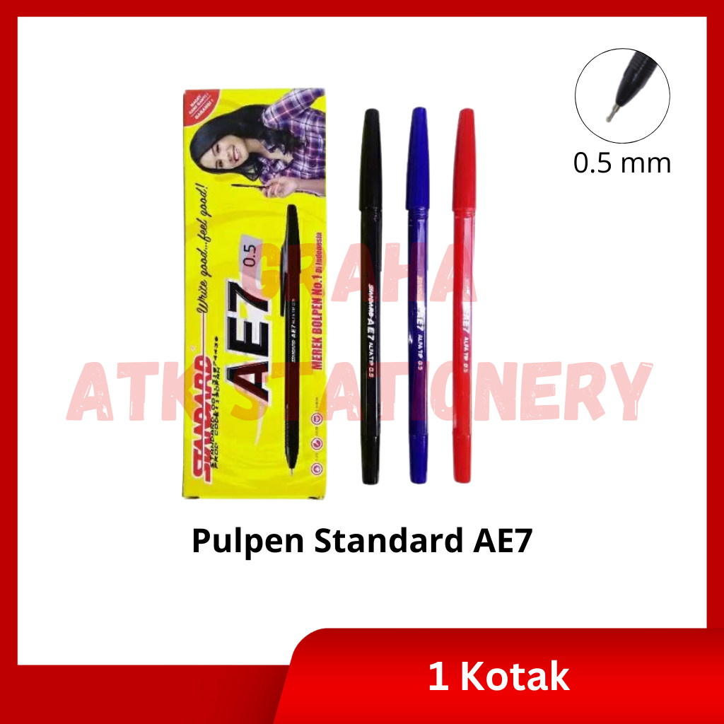 Jual [1 Kotak] Pulpen Standard AE7 Hitam, Biru, Merah / Ball Pen / Pena 0.5mm Standard AE7 ...